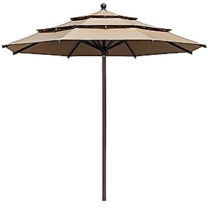 EliteShade USA 10-Year-Non-Fading Sunumbrella 11Ft 3 Tiers Market Umbrella Patio Outdoor Cylinder Auto Push-up Table Umbrella with Ventilation,Heather Beige