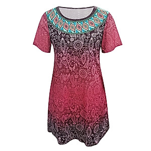 Round Print Loose Neck Pocket Boho Dress Floral Short Dress Sleeve Women Summer Office Dresses for Women for Work Pink