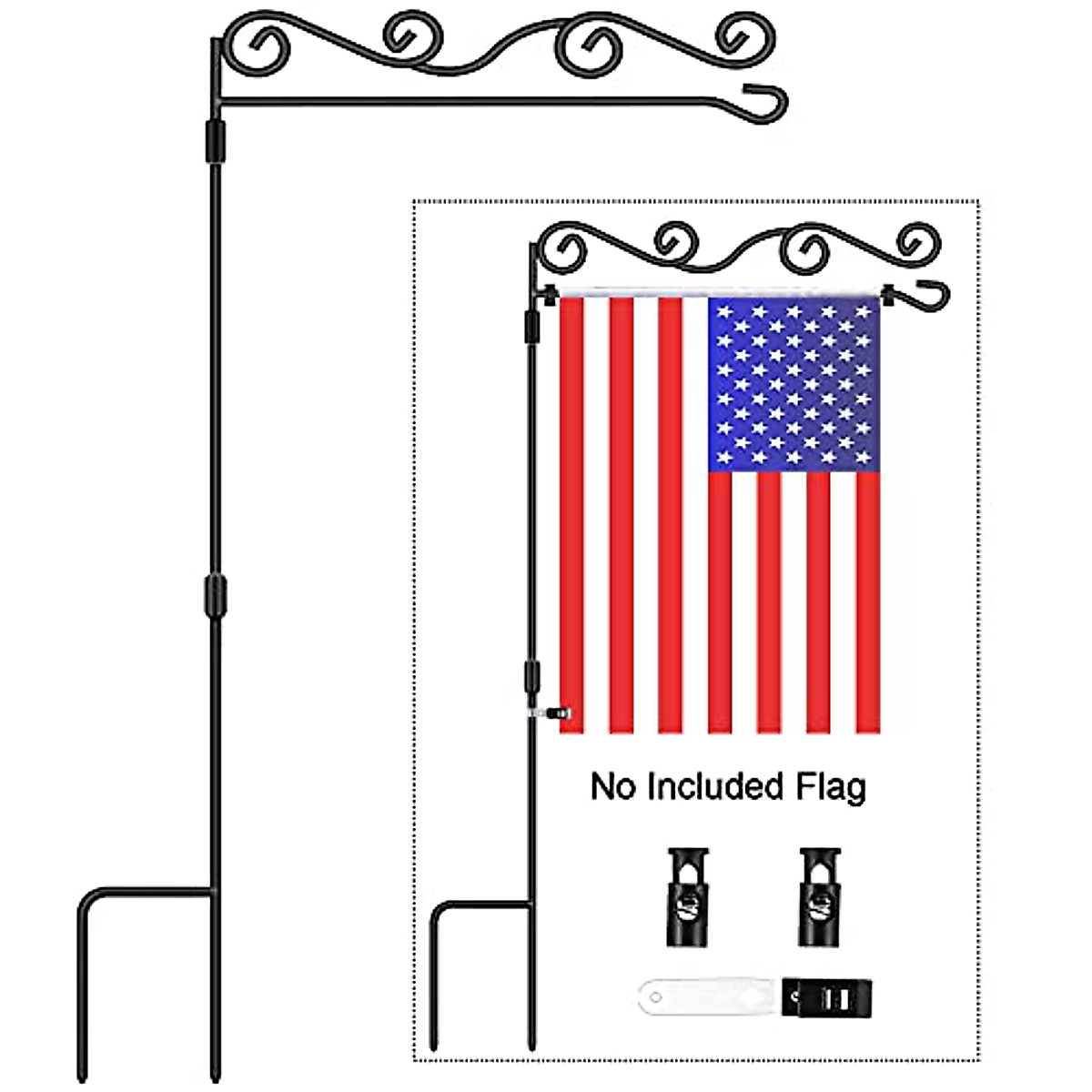 Garden Flag Stand Floral Style, BONWIN Garden Yard Flag Pole Holder Stands, Powder Coated Weather-Proof Paint Metal Flagpole with Spring Stoppers & Anti-Wind Clip for Garden - 36.34"H x 16.02"W, 2 Pack