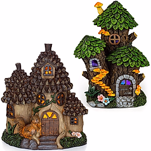 VP Home Mystic Gnome Fairy House with Color Changing Solar Outdoor Light and Squirrel Cottage Solar LED Decor Garden Light