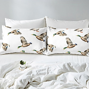 Mallard Duck Bed Sheet Set Hunting and Fishing Fitted Sheet Wild Animal Bedding Set for Boys Girls Kids Wildlife White Bed Cover Full Size with 2 Pillow Case