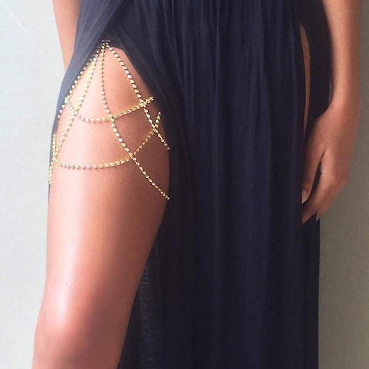 Ludress Layered Thigh Chain Gold Rhinestones Leg Chain Spaekly Crystal Body Chain Halloween Rave Body Jewelry Accessories for Women and Girls