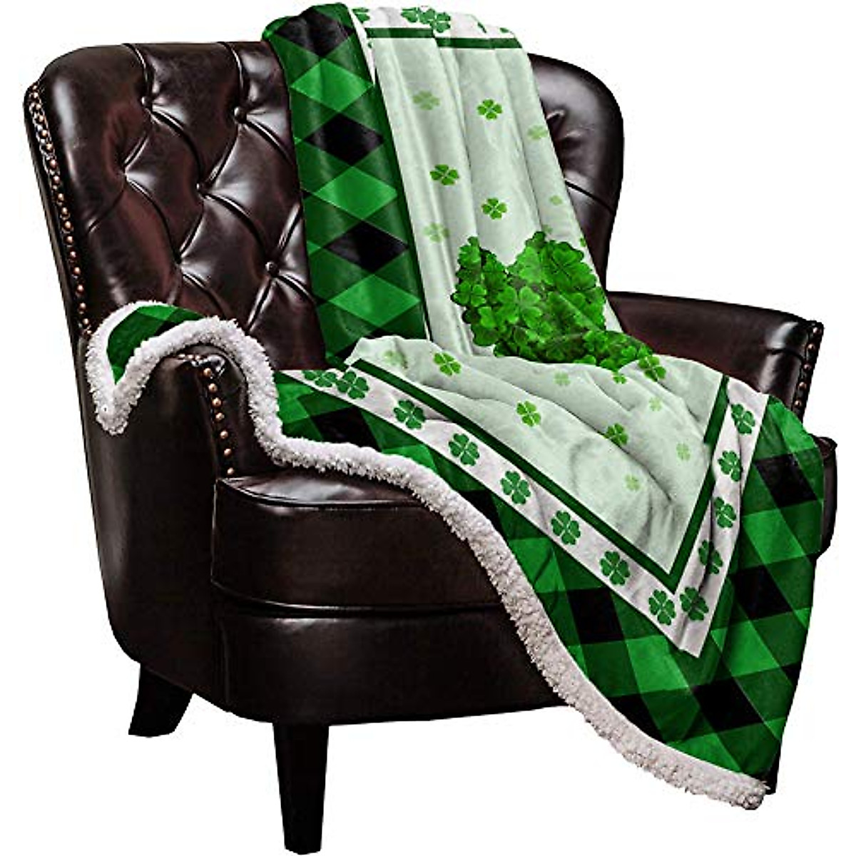 Green Shamrock Leaves Love Heart Sherpa Flannel Throw Blankets Thick Reversible Plush Fleece Blanket for Bed Couch Sofa Decor Irish Saint Patrick's Day Ultra Soft Comfy Warm Fuzzy TV Blanket 39x49in