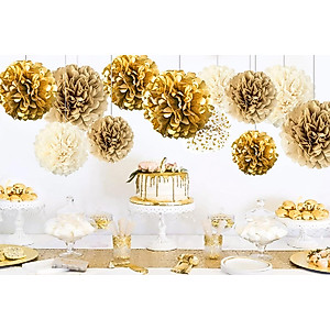 Gold White Party Decorations,12Pcs Hanging Tissue Paper Pom Poms,Pompoms Flowers for Engagement,Wedding,Birthday,Bachelorette,Bridal Shower Party Deco