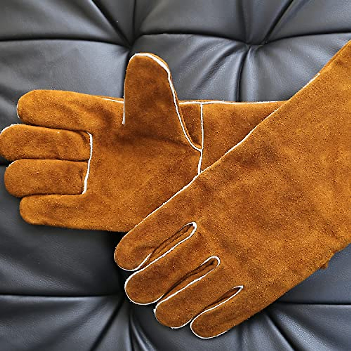 OLSON DEEPAK Welding Gloves HEAT RESISTANT Baking Grill Gloves Tig and Mig Welder Gloves Fireplace Gloves for Fireproof Wood Stove Glove (Brown-14inch)