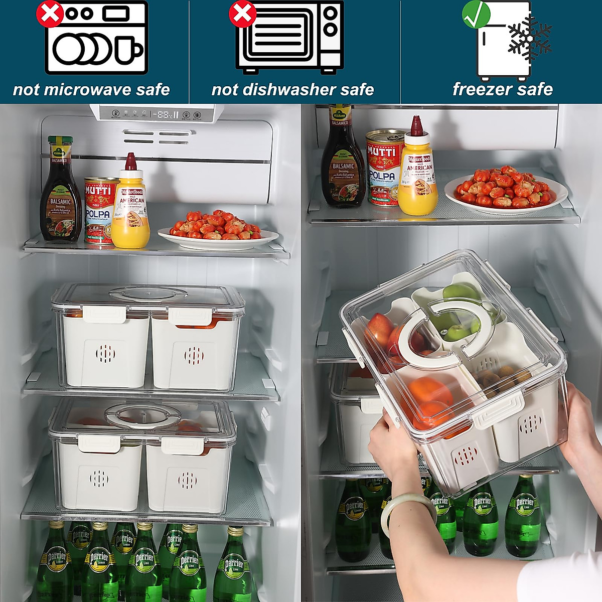 NPXZXC Airtight Fruit Storage Containers with Lids, Fridge Organizer Bins with 4 Removable Baskets, Portable Berry Vegetable Fresh Produce Saver, BPA-Free, Clear