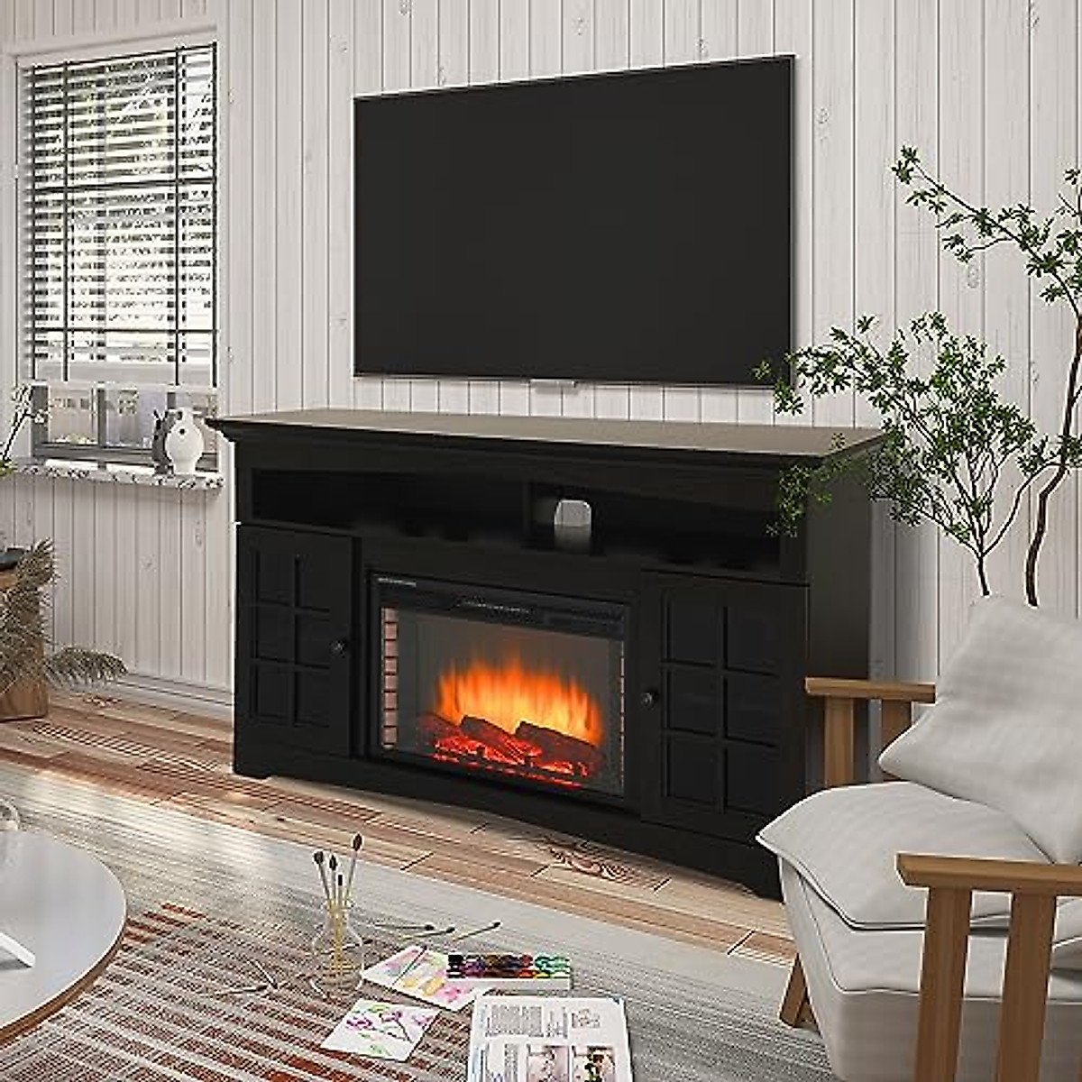 Clihome Electric Fireplace TV Stand 59in with Fireplace Electric Fireplace Inserts Heater Entertainment Center with Fireplace Decor for Christmas Decor