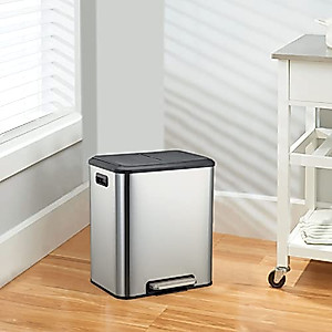 GlowSol Dual Trash Can for Recycling and Trash, 2 x 4 Gallon (30L) Stainless Steel Kitchen Trash Can with Lid and Foot Pedal, Double Compartment Garbage Can, Trash Can with Recycling Bin