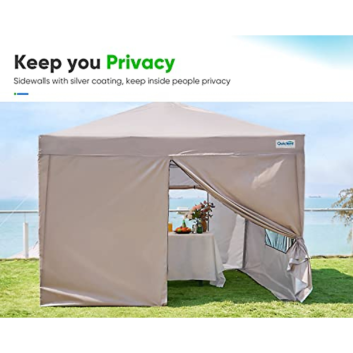 Quictent Privacy 8'x8' Pop up Canopy Tent Enclosed Instant Gazebo Shelter with Sidewalls and Mesh Windows Waterproof (Beige)