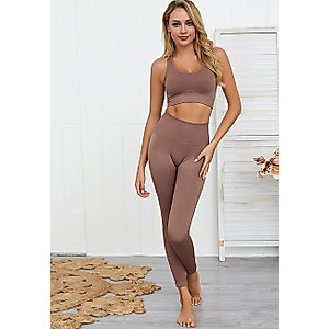 HAODIAN Women's Yoga Outfits 2 Piece High Waisted Leggings with Sports Bra Gym Clothes Sets(Brick Red,M)