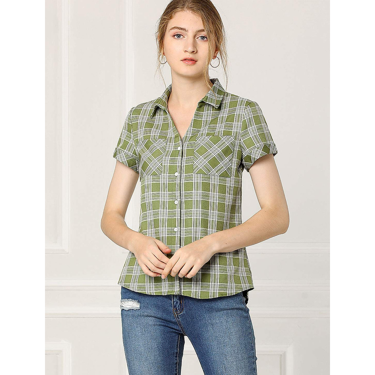 Allegra K Women's Cotton Classic Button Down Western Plaid Shirt Small Light Green