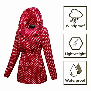 YEABEDA Women-Rain Jacket-Hood Waterproof-Lightweight Windbreak-Packable — Cute RainCoats Travel Polka Dot Ladies With Pouch (XX-Large, Red)
