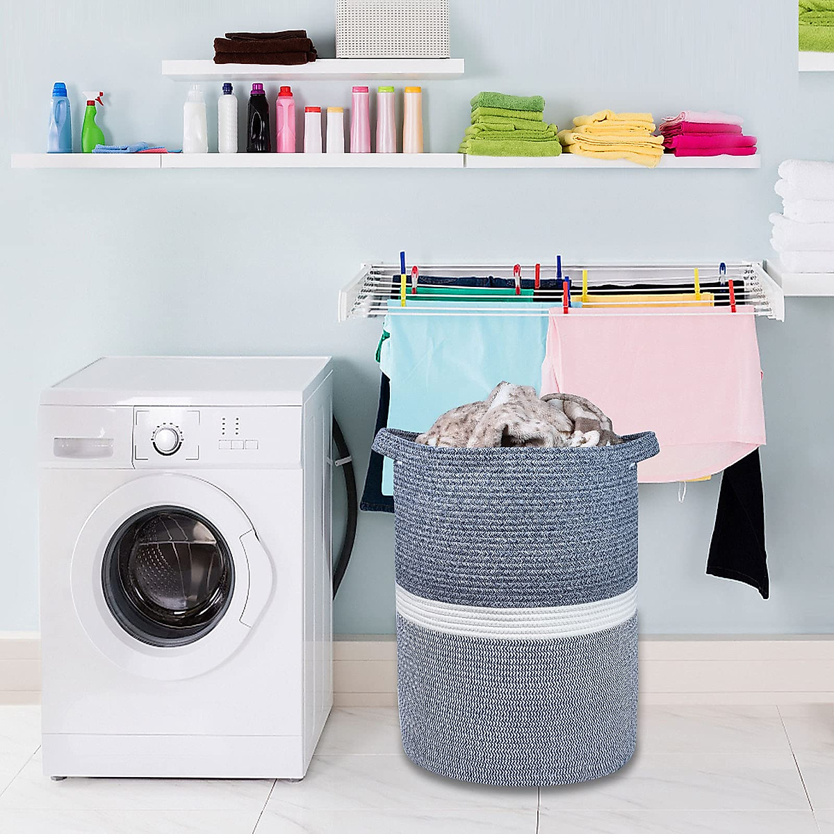 BOSROTY Large Blanket Basket, Tall Laundry Basket 72L, Nursery Hamper, Laundry Hamper, Clothes Basket Laundry, Large Storage Basket, Cotton Rope Basket, Toy Basket, 16”x 22”,Blend Navy Blue & White