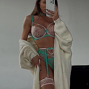 HHX Women Lingerie Sexy Teddy One-Piece Lace Babydoll Fishnet BabyDoll Bodysuit Nightie (L, Q00829J) Green