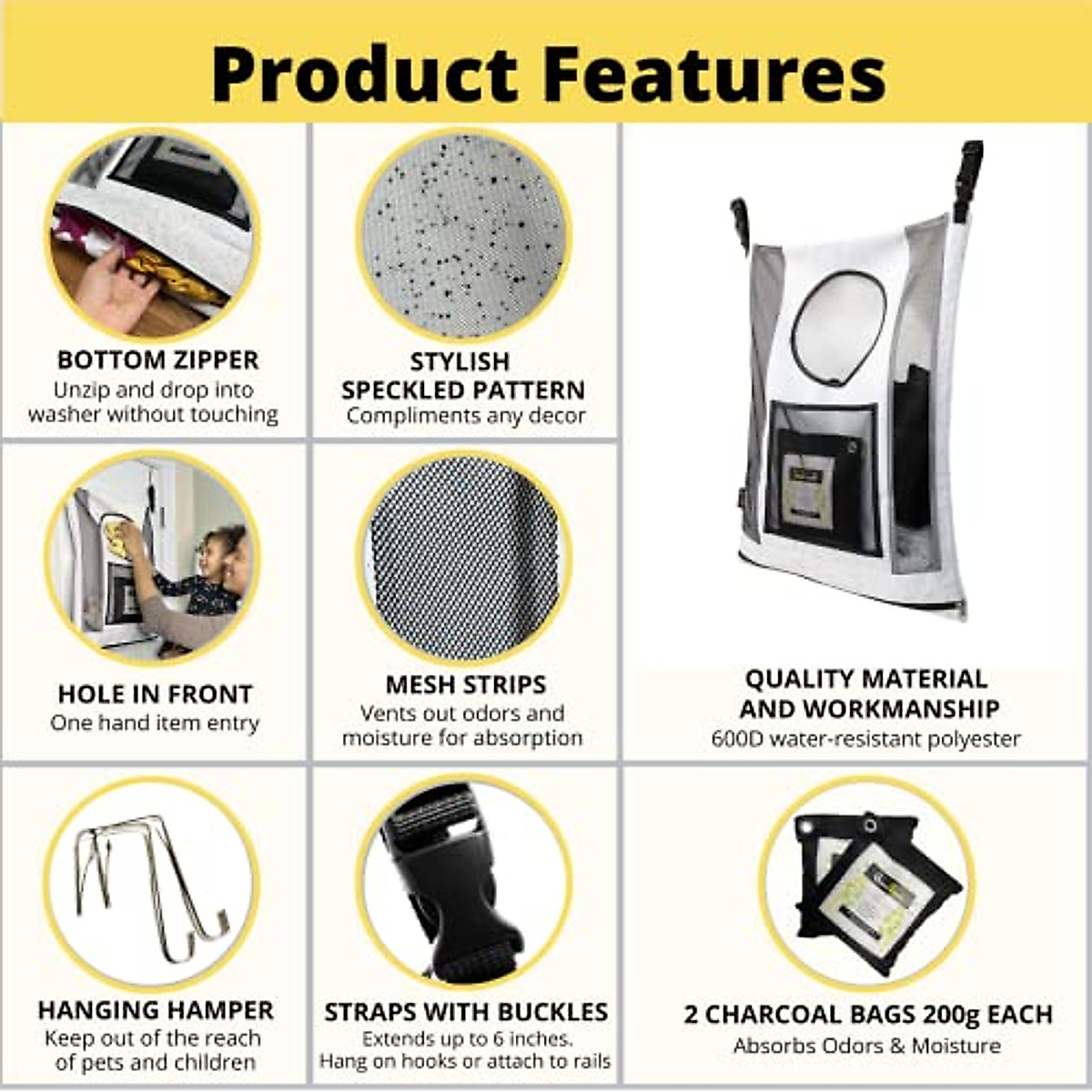 AIR PURIFYING & ODOR ELIMINATING Small Hamper for Specialty Loads - Hanging Laundry Hamper Bag - Nursery Hamper & Potty Training Kids Hamper - Hanging Hamper - Over the Door Laundry Hamper