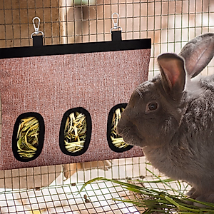 Bunny Hay Feeder Bag，Rabbit Hay Feeder Bag for Cage Guinea Pig Timothy Hay Dispenser Storage Manger Hanging Large Less Waste for Bunny (Light coffee color)