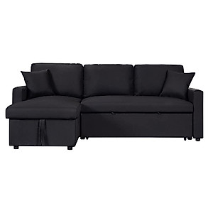 Pemberly Row Black Fabric Reversible Sleeper Sectional Sofa w/Storage Chaise