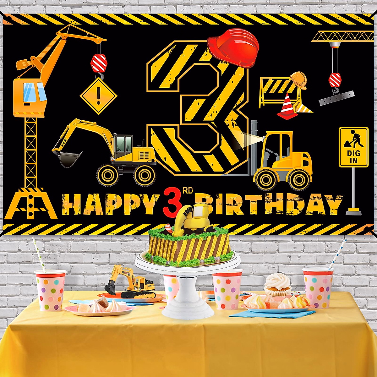 Construction 3rd Birthday Banner Decorations for Boys Kids, Dump Truck Construction Theme Three Birthday Backdrop Party Supplies, Excavator Crane Digger Three Year Old Poster Sign