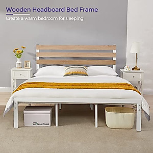 GreenForest Bed Frame Queen Size with Wooden Headboard Platform Bed with Metal Support Slats and Twin Bed Frame Tool-Free Assembly Metal Platform