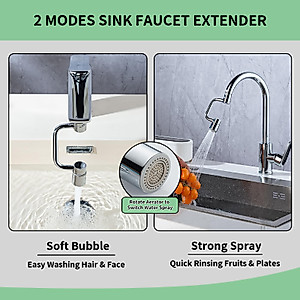 SELLO 1080° Rotating Faucet Extender for Bathroom Sink, Sink Water Faucet Aerator with Brass Extension, Kitchen Faucet Extender with 2 Mode Splash,Adjustable Swivel Arm