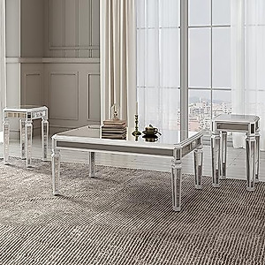3-Piece Coffee table and End Tables Set,Glass Mirrored Coffee Table with Adjustable Height Legs and Crystal Design,Fashionable Cocktail Table,Easy Assembly Rectangular Glass Coffee Table,Silver