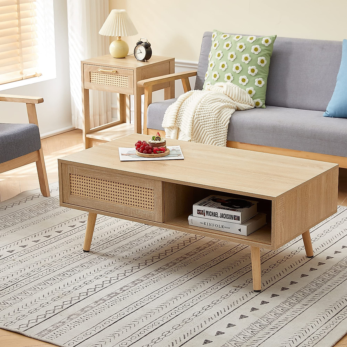 Tansole Natural Oak Modern Coffee Table, Rectangular with Storage, Rattan Woven Design, Living Room Center Table, 41.34x21.65x16.34 inches, 36.3 pounds