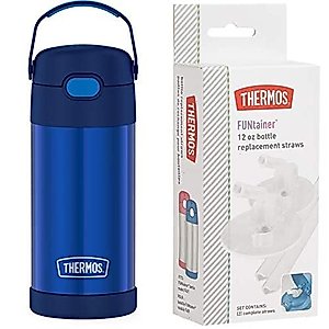 THERMOS FUNTAINER 12 Ounce Stainless Steel Vacuum Insulated Kids Straw Bottle, Blue and Thermos Replacement Straws for 12 Ounce Funtainer Bottle, Clear, 1 Pack
