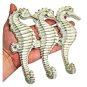 Large Rustic White Cast Iron Sea Horse Wall Hooks, 8 3/4 Inch