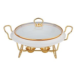 HONHPD Ceramics Chafing Dishes & Food Warmers, Household Gold Plated Buffet Server Warming Tray with Food Pan, Fuel Holder and Lid, for Wedding, Parties, Banquet, Catering Events,12.5INCH