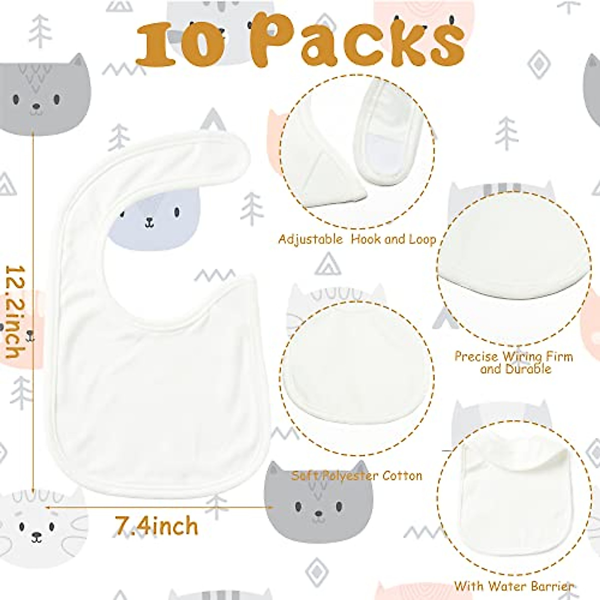 BWkoss 10Pcs Sublimation Baby Bibs White Cotton Waterproof Infant Bib Blank DIY Creative Food Bib Adjustable Hook Loop Closure Newborn Babies Bib Keepsake Baby Gift for Drooling Feeding Teething