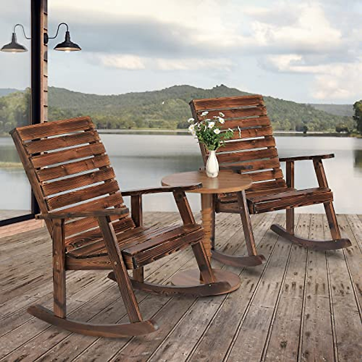 FURNDOOR 3 Piece Patio Rocking Bistro Set, Wood Rocking Chair Set with Coffee Table Wooden Rocker for Deck, Garden, Backyard, Porch
