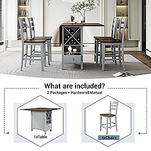 XD Designs Farmhouse 5-Piece Counter Height Dining Table Set, Soild Wood Drop Leaf Kitchen with Wine Rack & Drawers, 4 Chairs Ladder Full Back, Space-Saving (Cherry+Gray)