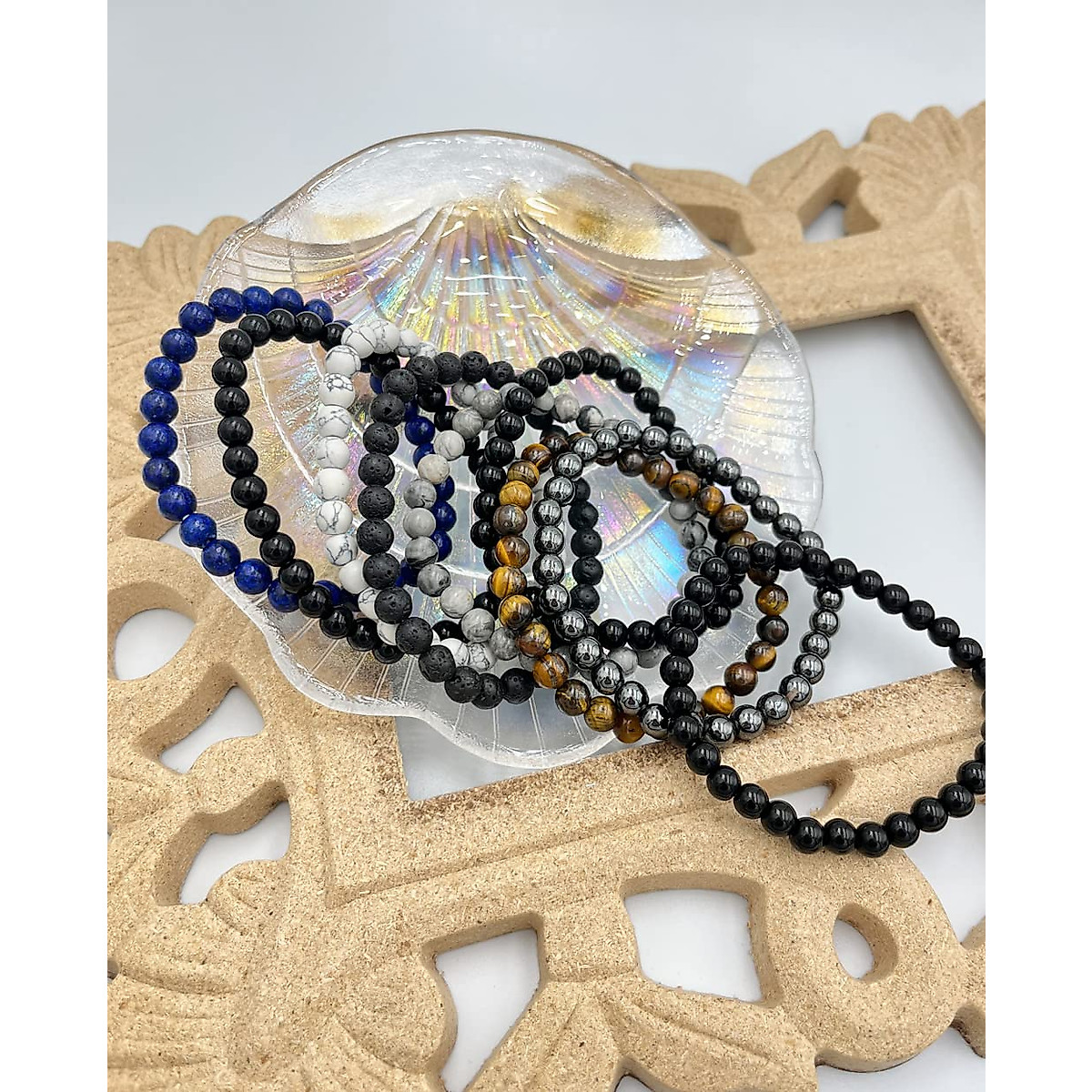 BOMAIL 9pcs Gemstone Beaded Bracelets for Men Women 6mm Round Beads Bracelets Set SemiPrecious Gemstone Beads Bracelets Matte Lava Rock Volcanic Tiger Eye Stone Yoga Healing Energy Crystal Stretch