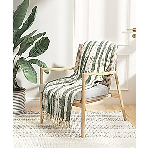 Godimerhea Green Throw Blanket Cotton White Boho Striped Decorative Blankets for Couch Sofa Bed, Soft Cozy Knit with Tassel, Rustic Shabby Chic, 50" x 60"
