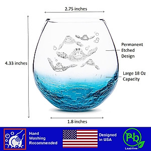 Deeply Etched Sea Turtles Family Handmade Engraved Crackle Turquoise Beach Wine Glass, Valentines Day Gifts Idea 2024