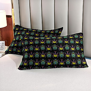 Abosbeet Green Beetle Print Fitted Sheet Queen Polyester Black Fitted Sheet Set with Beetle Pattern 2 Pillowshames Kids Bedroom Decor