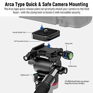 NEEWER Video Tripod Head Upgraded with Vertical/Horizontal Switch, Compact Metal Pan Tilt Fluid Head with Arca Type QR Plate & Telescopic Handle, 1/4” Screw for Camcorder/DSLR, Max Load 3kg, GM26