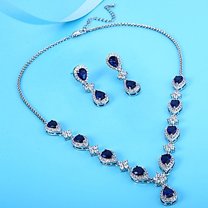 EleQueen Women's Silver-tone Cubic Zirconia Teardrop Flower Bridal V-Necklace Set Dangle Earrings Sapphire Color