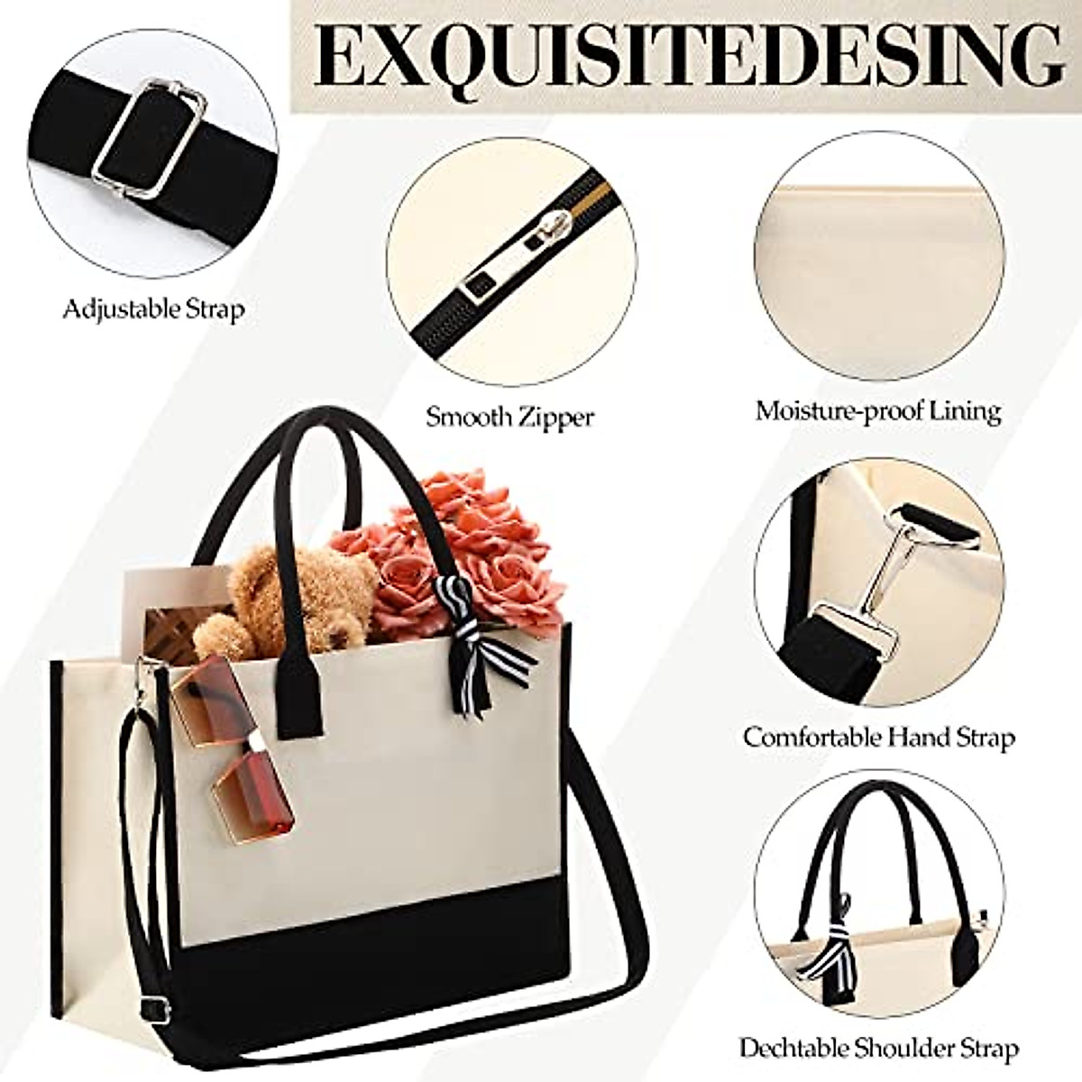 8 Pieces Canvas Tote Bag Black and White Bag with Shoulder Strap Zipper Opening Inner Side Pockets Grocery Totes for Women Work Daily Travel Birthday Bridesmaid Gifts DIY Bag