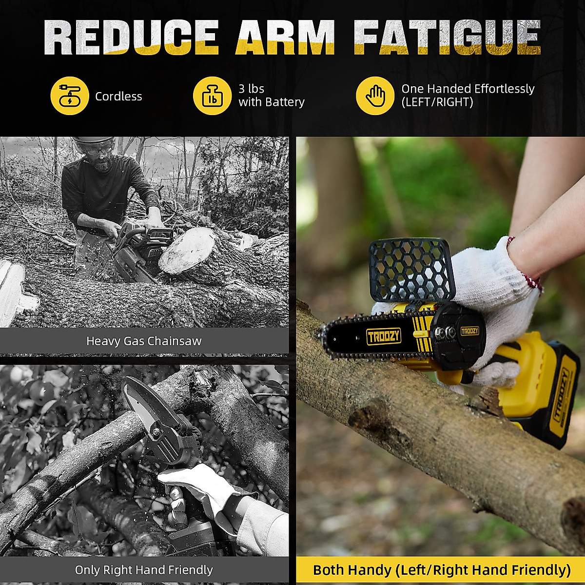 TROOZY Mini Chainsaw Cordless 6 Inch 3000mAh Battery Powered Electric Brushless Handheld Chain Saws, Up To 100minX2 21V, Saw Pruning Shears Chainsaw for Tree Branches,Courtyard,Household and Garden