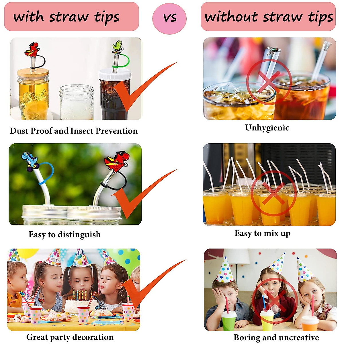 Ulbemoll Straw Cover Cap, 8PCS Dinosaur Straw Tips Cover Stanley Cup Straw Cover for 6 to 8 mm Reusable Straws Lovely Cartoon Straw Protector Straw Tip Cap for Girls Boys Kids Party Gift