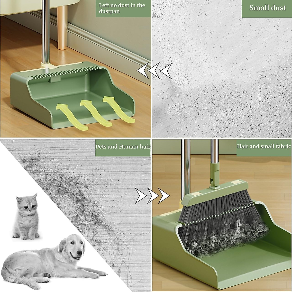 Premium Broom and Dustpan Combo Set - Long Handle, 180° Rotating, Standing Storage - Built-in Comb Teeth and Claps for Dust Wipe Paper - Space-Saving Design (Orange)