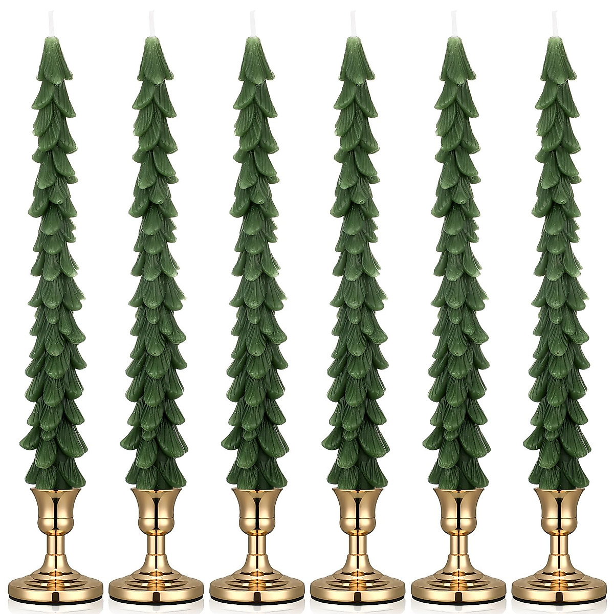 Conelist Christmas Tree Candles with Candle Holder Christmas Tree Shaped Taper Candles Christmas Decorative Candles Holiday Gifts for Women with Brass Candlestick Holder Centerpieces(6 Set,Classic)