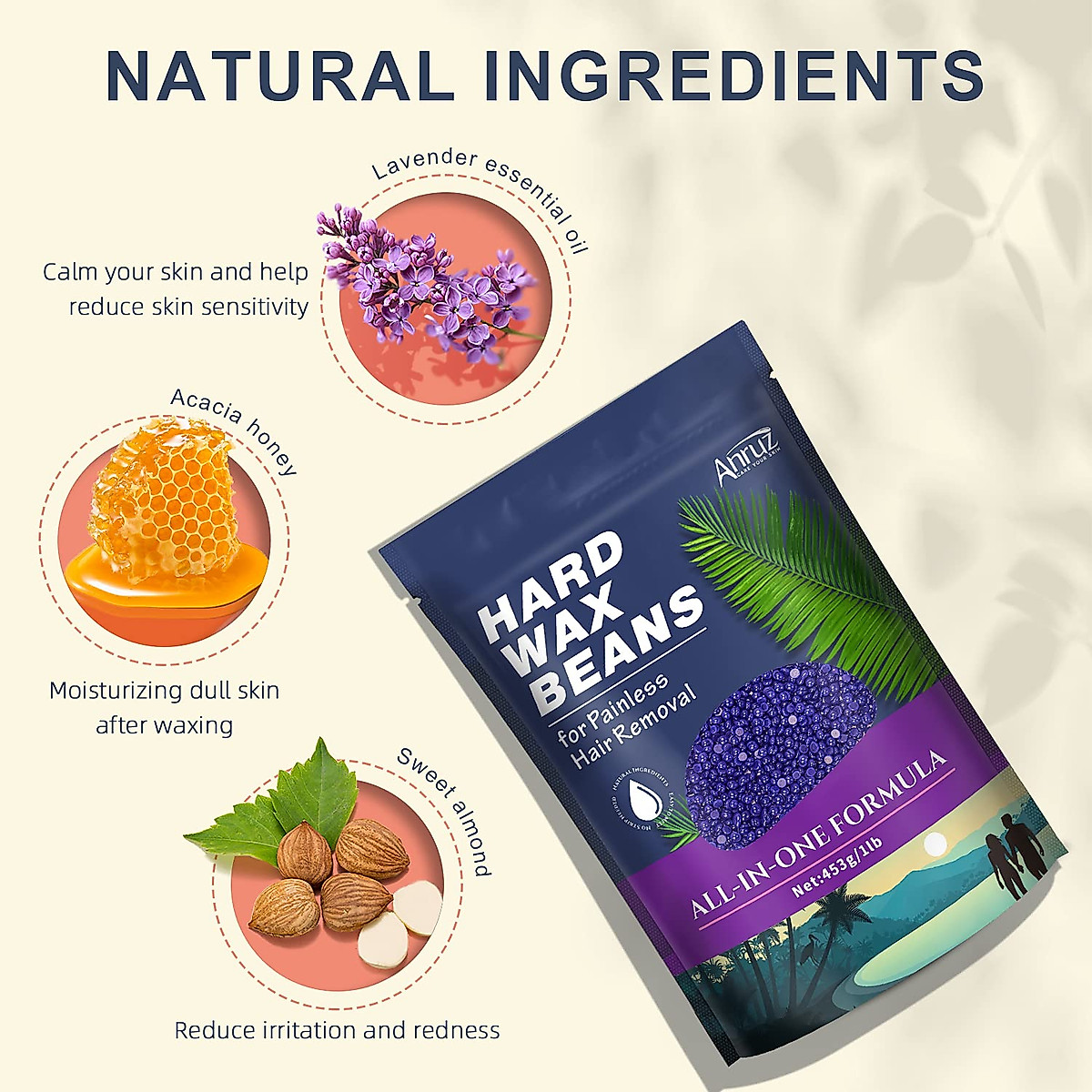 Hard Wax Beads - Anruz 1lb Wax Beans for Sensitive Skin - Face Wax Hair Removal Waxing Beads for Eyebrow, Facial, Body, Brazilian Bikini & Leg At Home Waxing for Any Wax Warmer