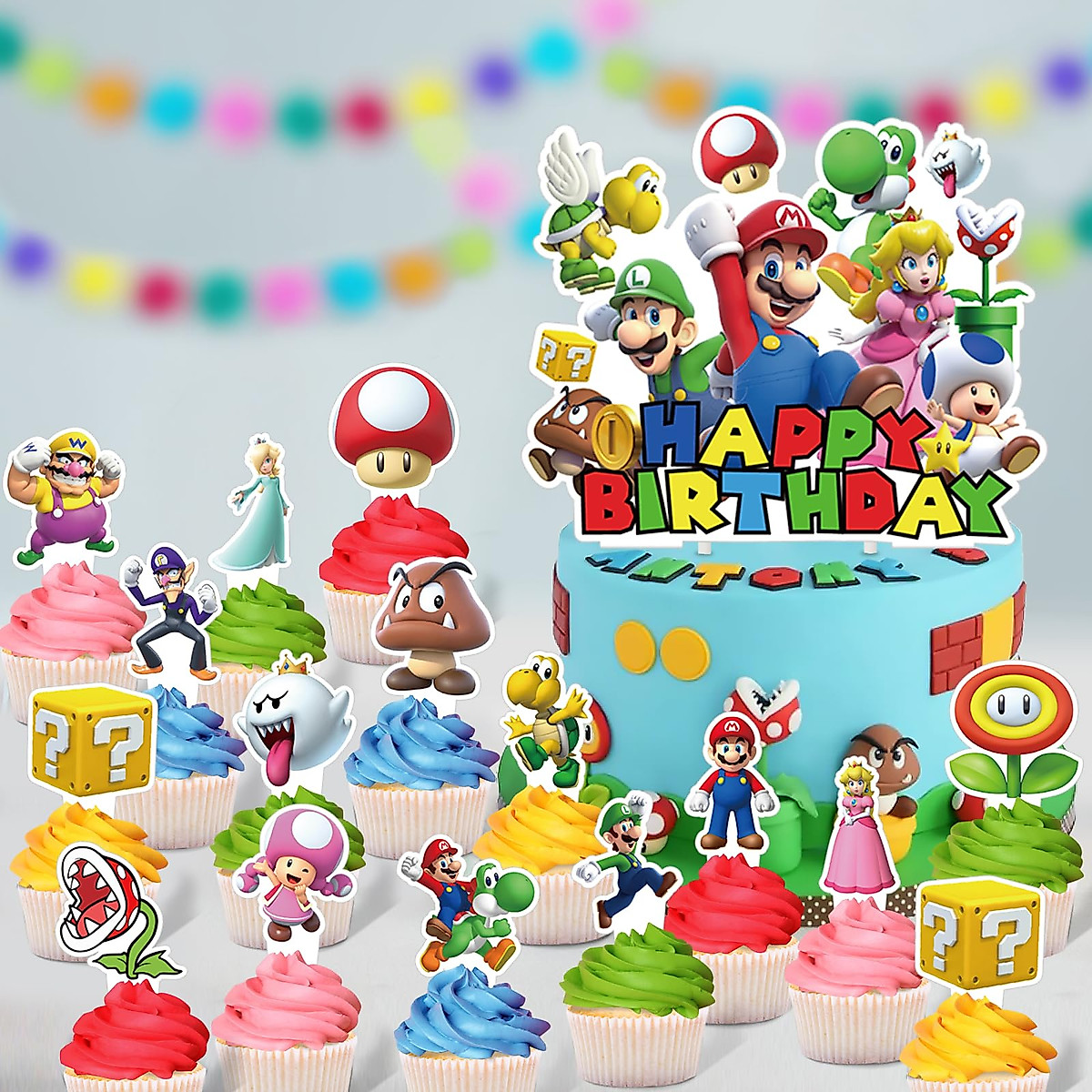 Mario Cake Topper Decorations Mario Happy Birthday Party Supplies for Kids Party Favors