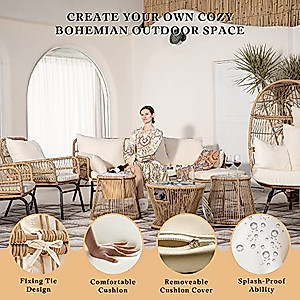 BULEXYARD 9 Piece Boho Patio Furniture Sets with Propane Fire Pit Table, Small Outdoor Bistro Chairs Sectional Sofa Conversation Set w/Gas Firepit, Egg Chair, Ice Bucket for Backyard, Lawn (Natural)