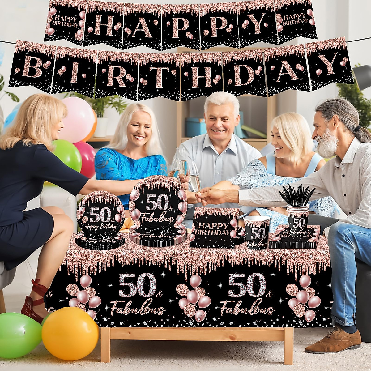 142Pcs 50th Birthday Tableware Decorations,Black Rose Gold Tableware Set 50th Birthday Plates and Napkins Cup Rose Gold Tablecloth Happy Birthday Banner for Women Birthday Disposable Supplies Serve 20