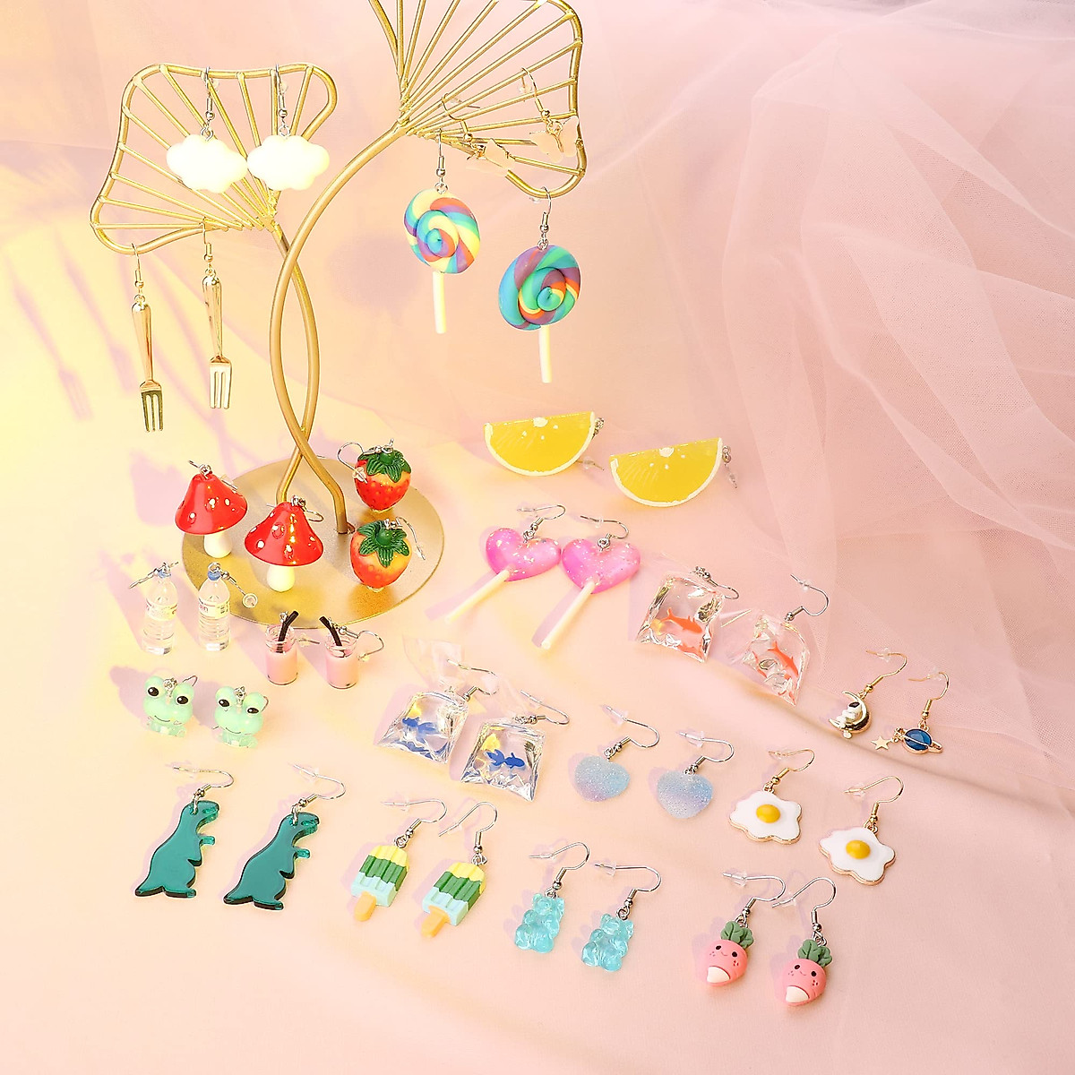 Subiceto 20 Pairs Weird Funny Earrings For Women Teens Gummy Bear Goldfish Water Bottle Mushroom Dinosaur Moon and Stars Strawberry Egg Cute Aesthetic Drop Dangle Earring Set