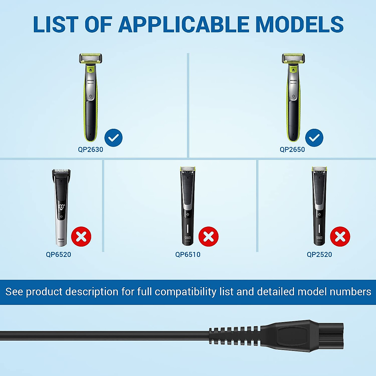 8V Shaver Charger Fit for Philips HQ850 Norelco Oneblade QP2630 QP2530 Replacement Razor Power Cord Battery Charger,Trimmer Charging Cable 3.3Ft