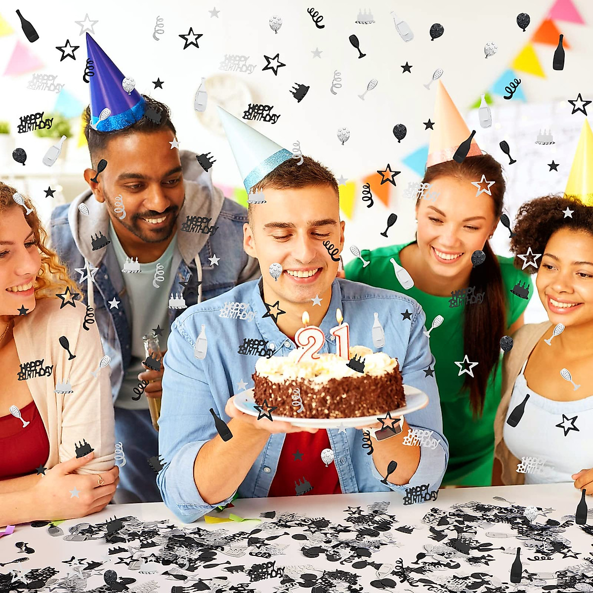 3000 PCS Black Silver Happy Birthday Confetti Black Silver Party Decorations Supplies Metallic Foil Stars Birthday Cake Balloon Confetti Table Scatter for Birthday Party Anniversary Baby Shower DIY